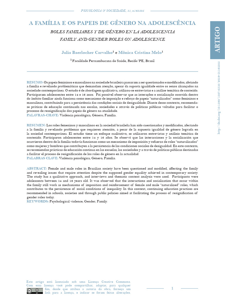 Artigo 8 Família e Papeis de Gênero Na Adolescencia | PDF | Gênero | Estudos de Gênero