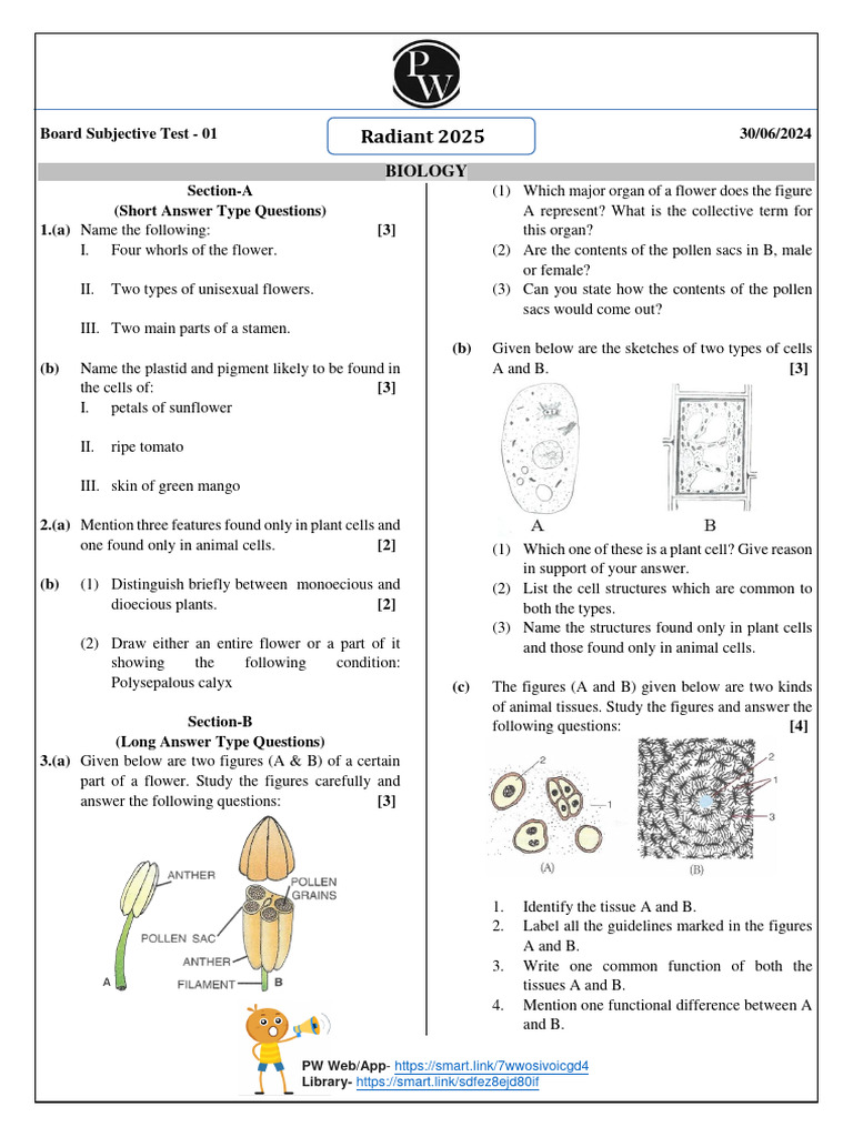 Board Subjective Test 01 - Test Paper (Biology) - PDF Only - (Radiant ...