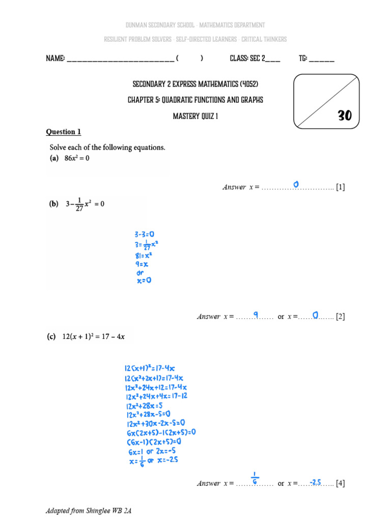 2exp Chapter 5 Mastery Quiz | PDF | Quadratic Equation | Equations