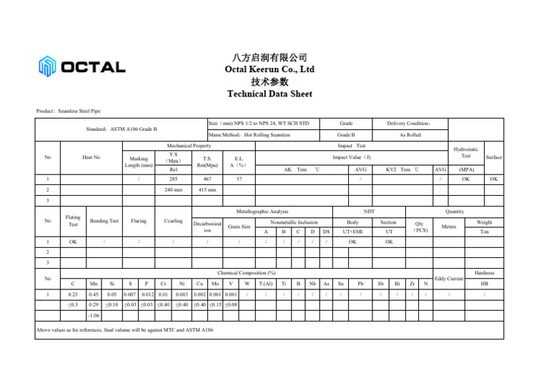 Astm A106 GRB Pipes Data Sheet | PDF | Pipe (Fluid Conveyance ...