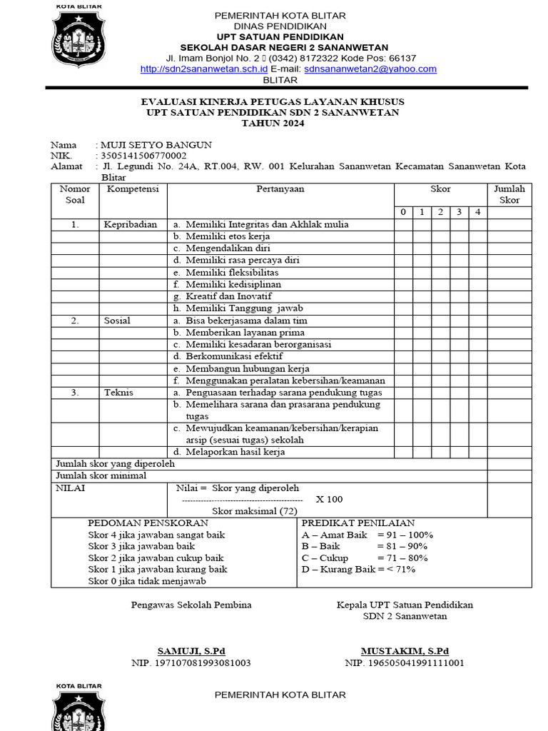 Penilai Tenaga Kependidikan FIS (Evaluasi Kinerja Petugas Layanan Khusus) | PDF