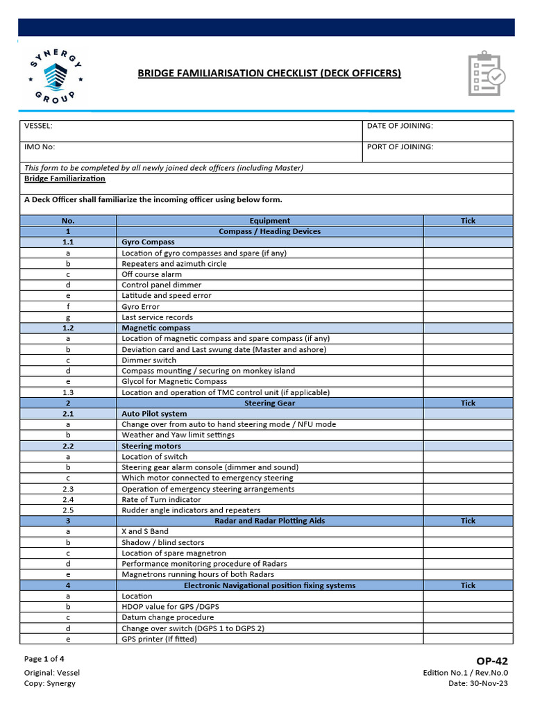OP - 42 Bridge Familiarisation Checklist Deck Officers_043812 | PDF ...