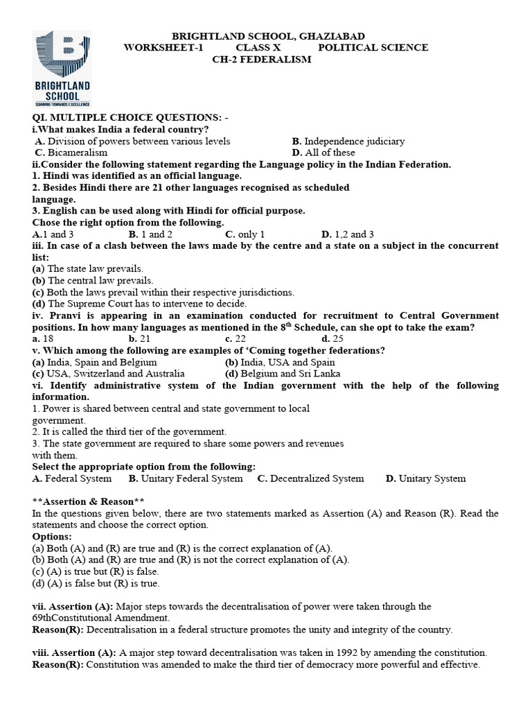 Worksheet of Class X Political Science CH2 Federalism | PDF | Decentralization | Government
