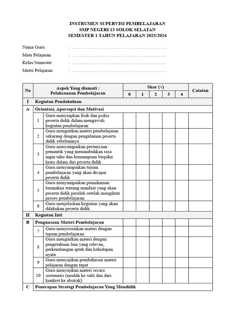 Instrumen Supervisi Pembelajaran Kurikulum Merdeka | PDF