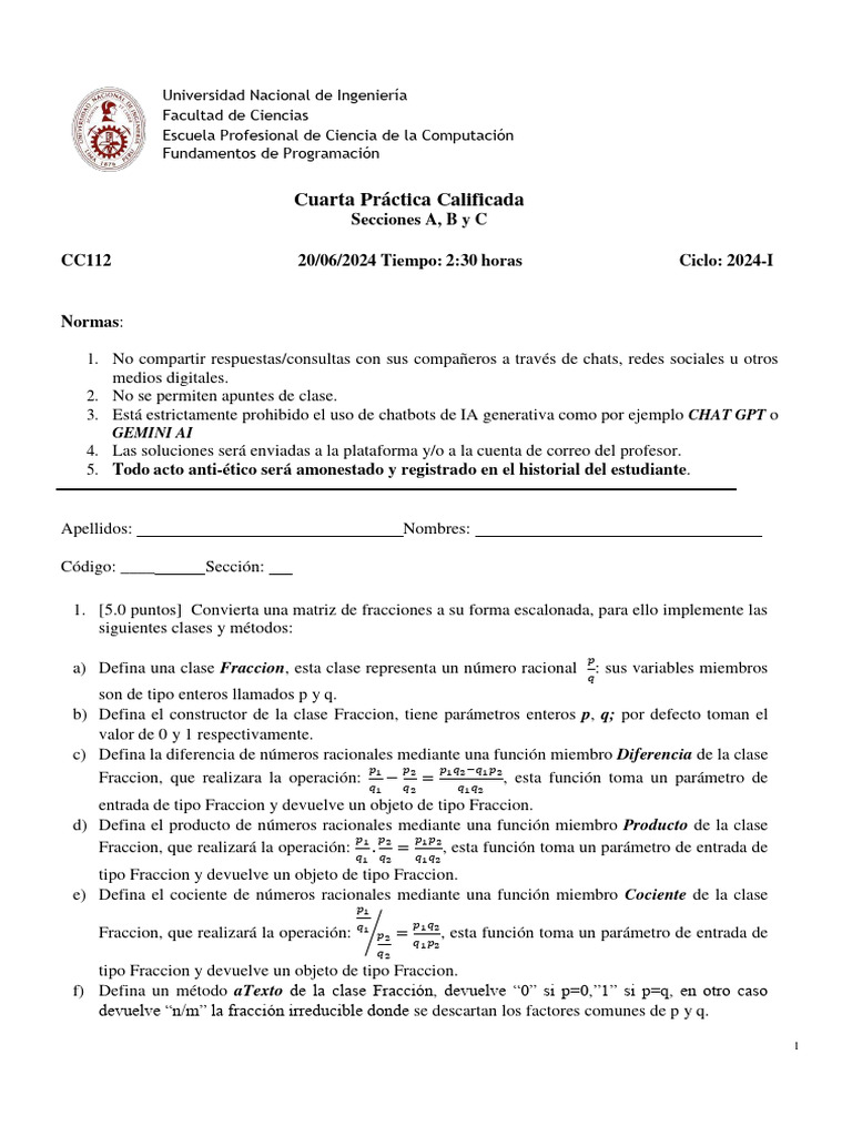 Cuarta Práctica Calificada: Secciones A, B y C CC112 20/06/2024 Tiempo: 2:30 Horas Ciclo: 2024-I ...