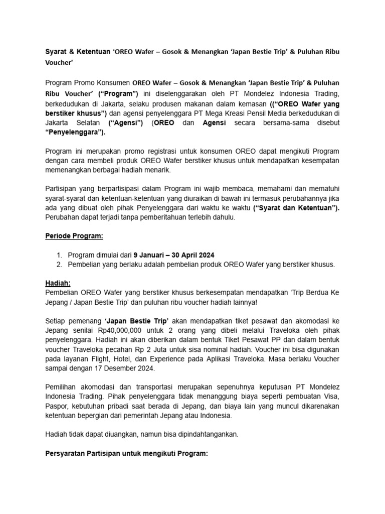 OREO Wafer - Gosok & Menangkan Japan Bestie Trip & Puluhan Ribu Voucher' - S&K | PDF