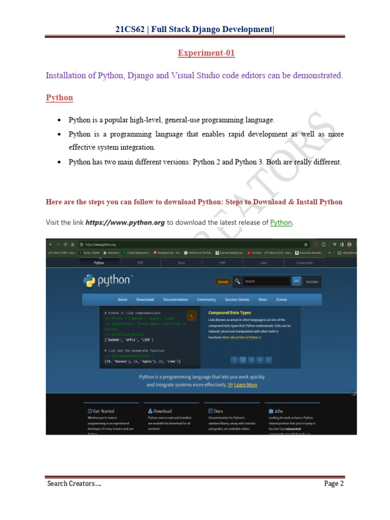 Experiment 01 Full Stack Django Search Creators Pdf Python Programming Language Software