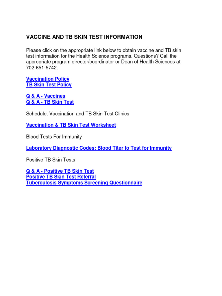 Vaccine & TB Test Guide for Health Programs | PDF | Tuberculosis | Vaccines