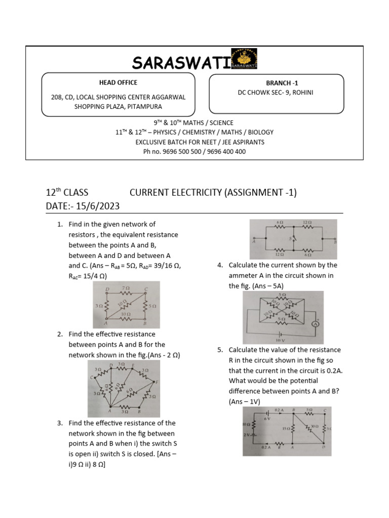 12th CLASS CURRENT ELECTRICITY | PDF | Electrical Network | Electrical Resistance And Conductance