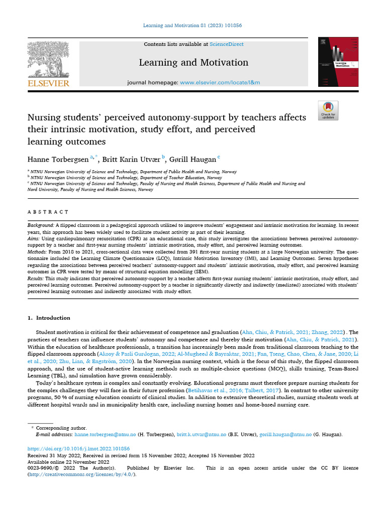 Nursing Students' Perceived Autonomy-Support by Teachers Affects Their ...