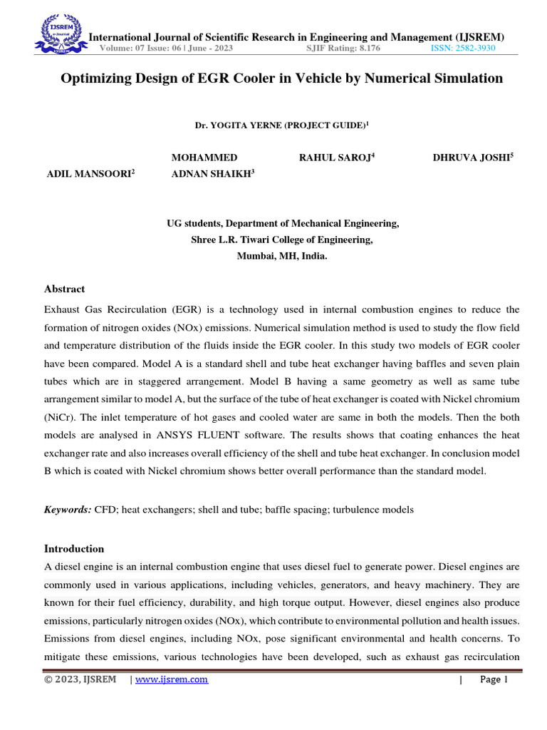Optimizing Design of EGR Cooler in Vehicle by Numerical Simulation | PDF | N Ox | Exhaust Gas