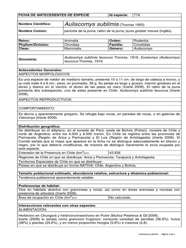 Pericote de la Puna: Hábitos y Distribución | PDF | Chile | Organismos