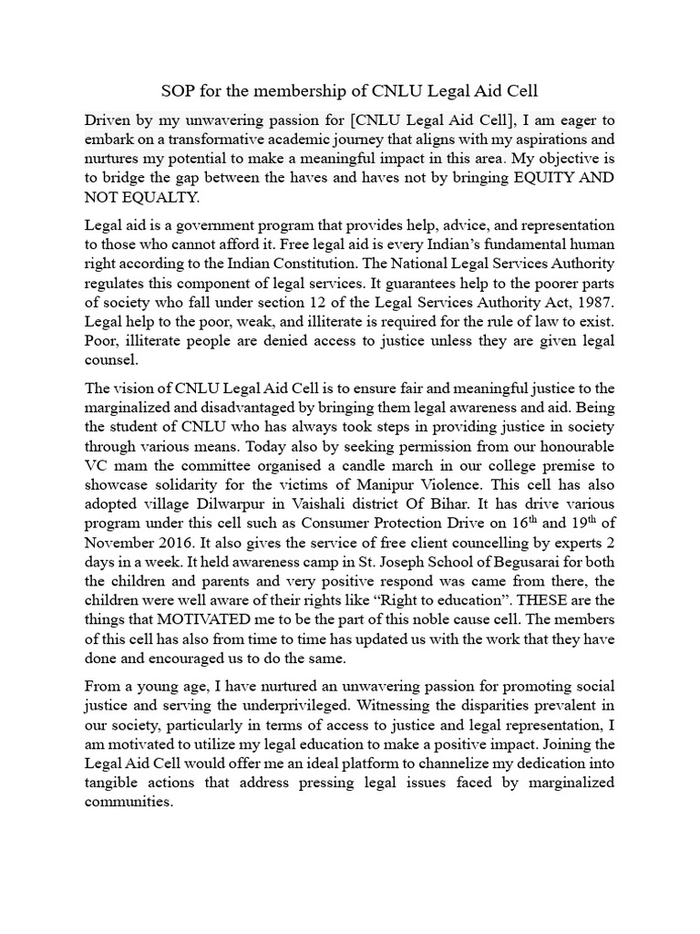 SOP For The Membership of CNLU Legal Aid Cell | PDF | Legal Aid ...