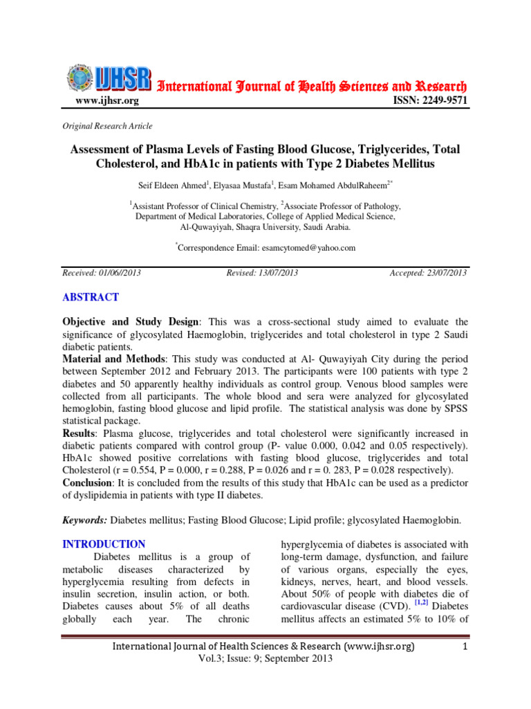 Assessment of Plasma Levels of Fasting Blood Glucose, Triglycerides ...