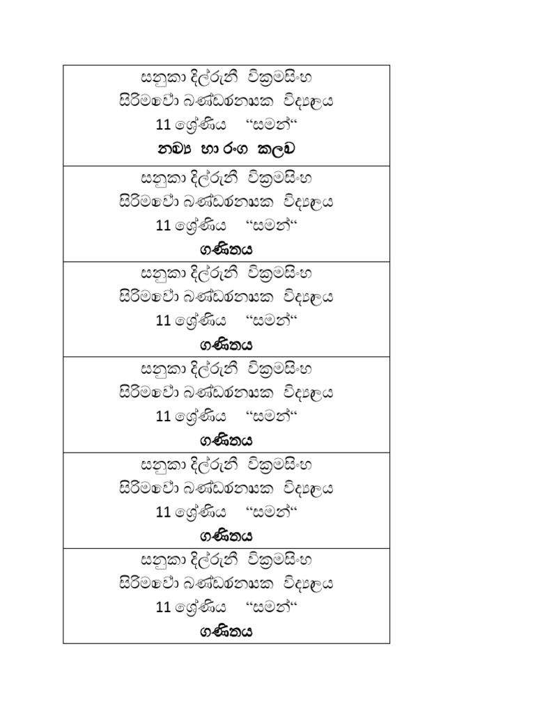 Sanuka Name List Pdf