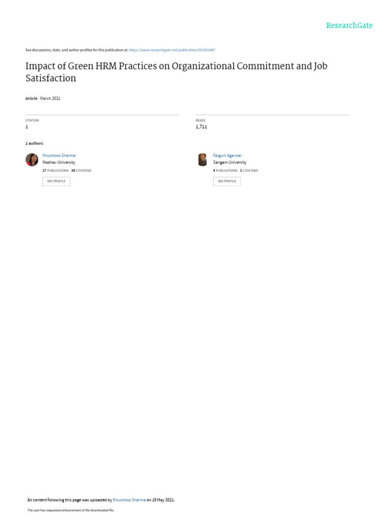 Impact of Green HRM Practices On Organizational Commitment and Job Satisfaction | PDF | Human ...