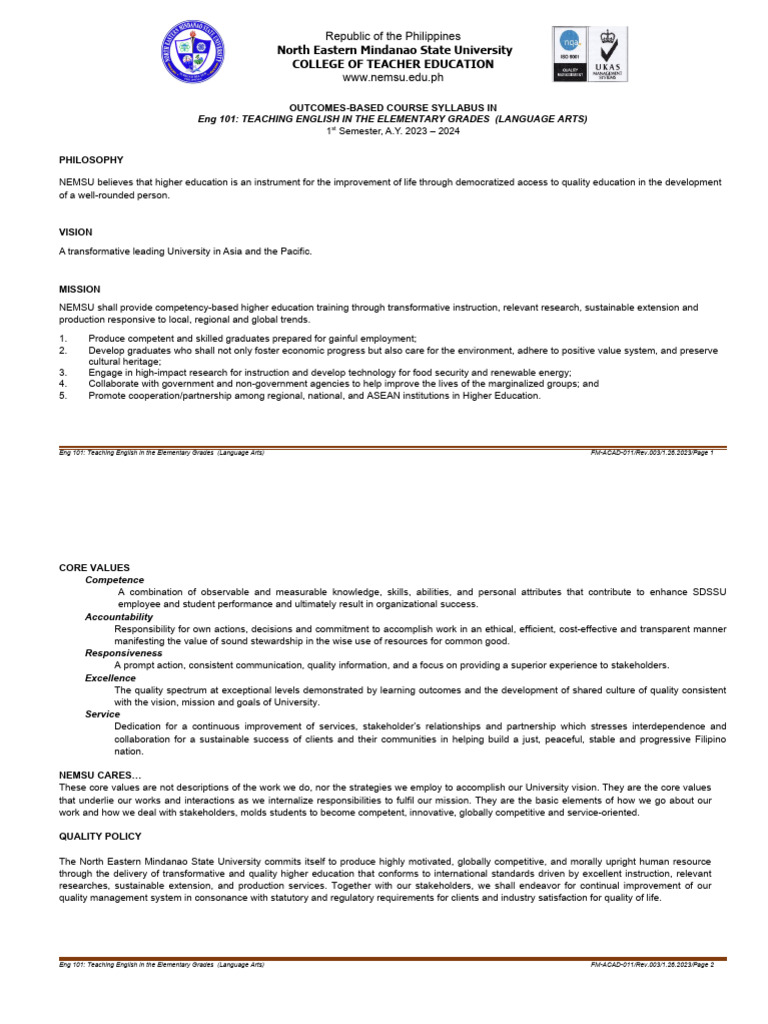 Eng 101 (BEED) - New Template Syllabus | PDF | Learning | Educational Assessment