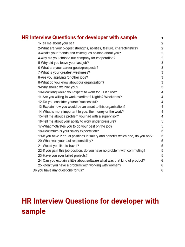HR Interview Questions For Developer With Sample | PDF | Social Psychology