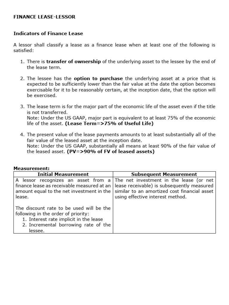Finance Lease Classification Guide | PDF | Lease | Investing