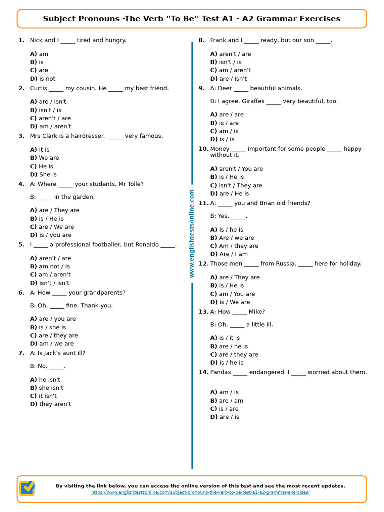 445 - Subject Pronouns The Verb To Be Test A1 A2 Grammar Exercises ...