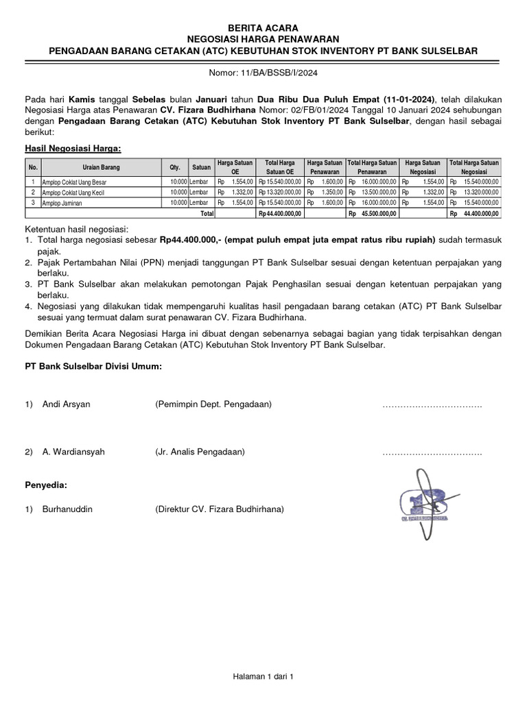 BA Nego ATC (Memo Permintaan 05012024) - 1 | PDF