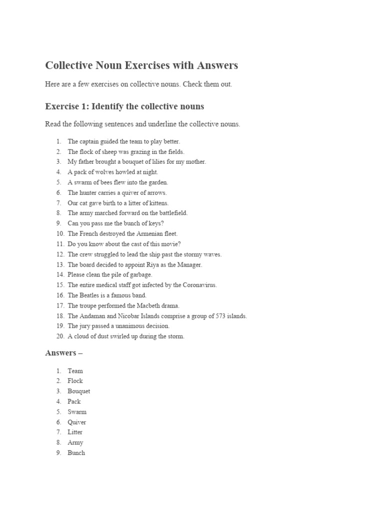 Collective Noun Exercises & Answers | PDF