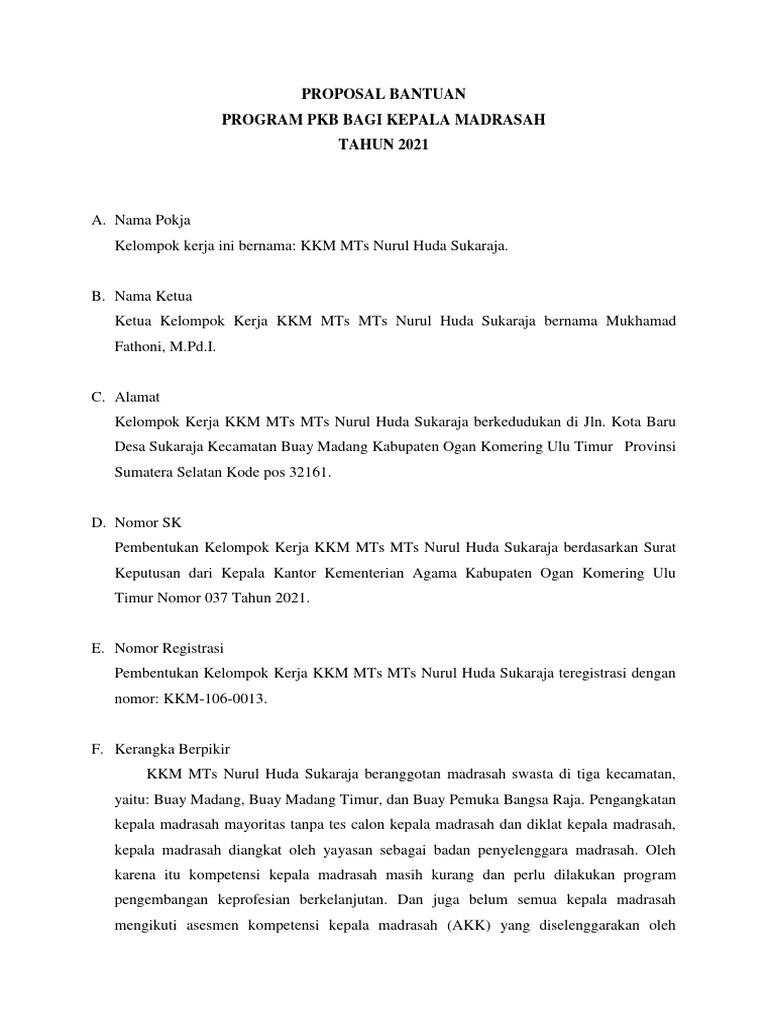 Proposal Pokja KKM MTs Nurul Huda Sukara | PDF