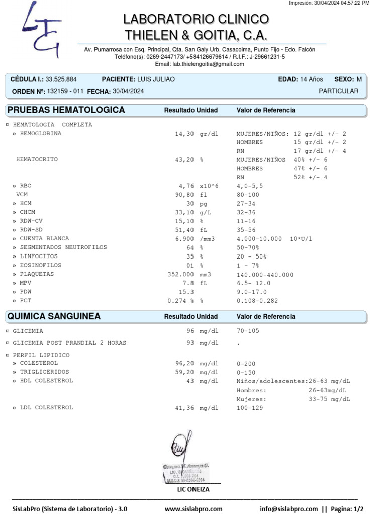 Resultado SisLabPro 132159 LUIS JULIAO | PDF | Medicina Interna ...