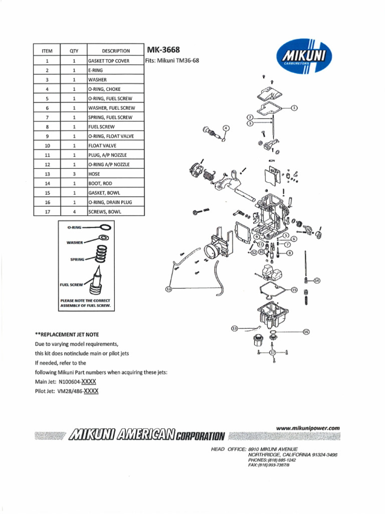 Mikuni MK-3668 TM36-68 Carburetor Rebuild Kit Diagram | PDF