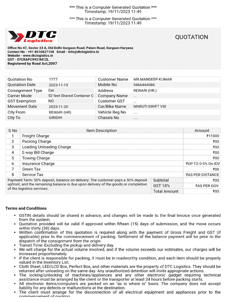 Dtc-Quotation Maruti Swift Vxi MR - Mandeep Kumar Rewari (HR) Giridih-1 ...