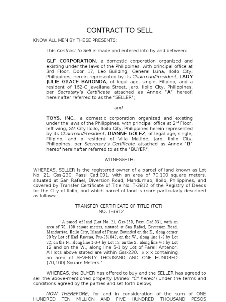 Contract To Sell (Corp) | PDF | Consideration | Payments