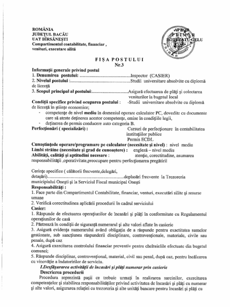Fisa Postului Inspector Casier | PDF