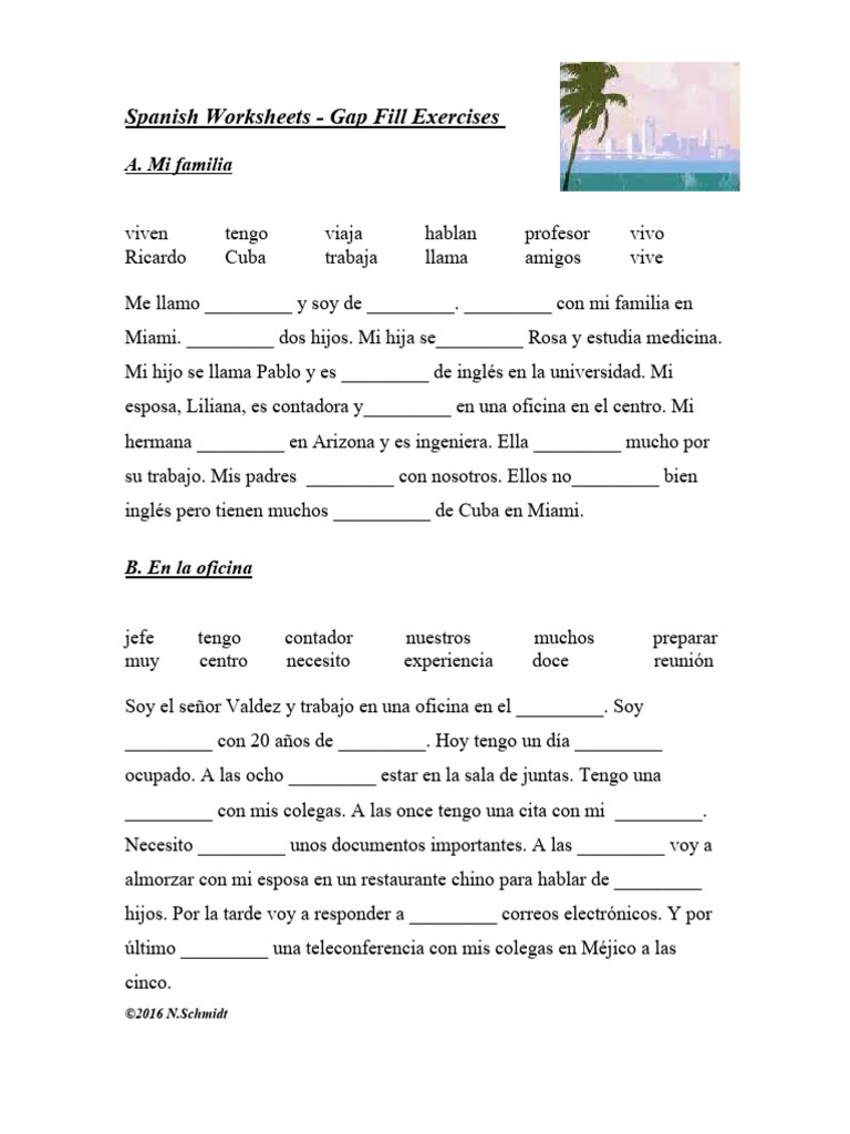 Spanish Worksheets - Gap Fill Exercises: A. Mi Familia | PDF