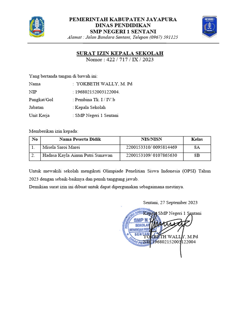 SURAT IZIN KEPALA SEKOLAH | PDF