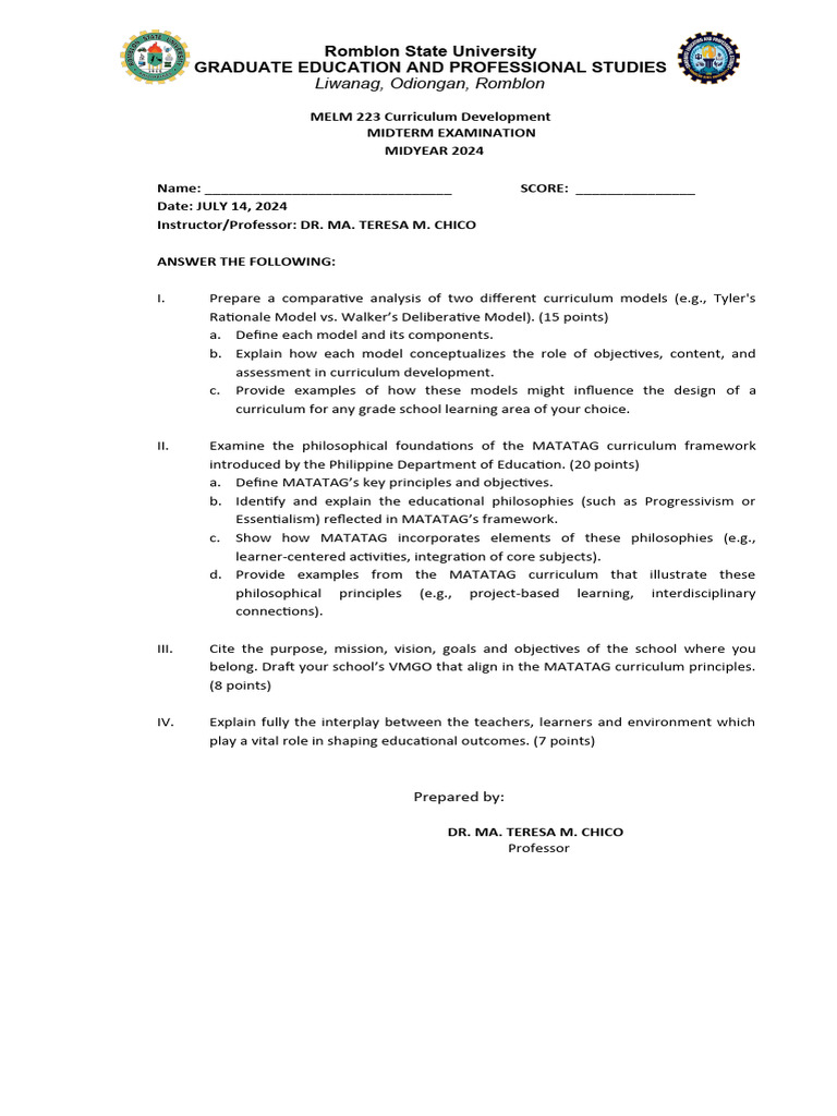 Midterm Exam Curriculum Development Midyear 2024 | PDF | Curriculum | Concept