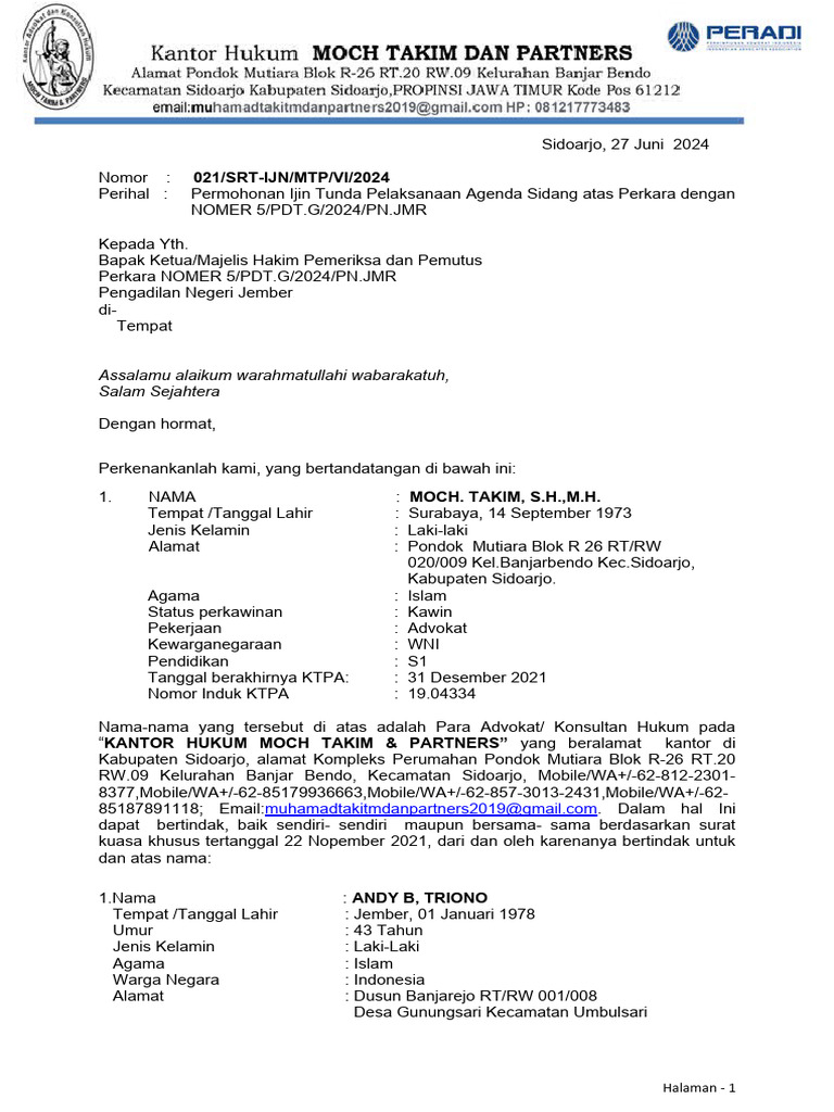Surat Ijin Tunda Sidang Karena Ada Yang Meninggal Dunia Perkara Nomer 5 ...