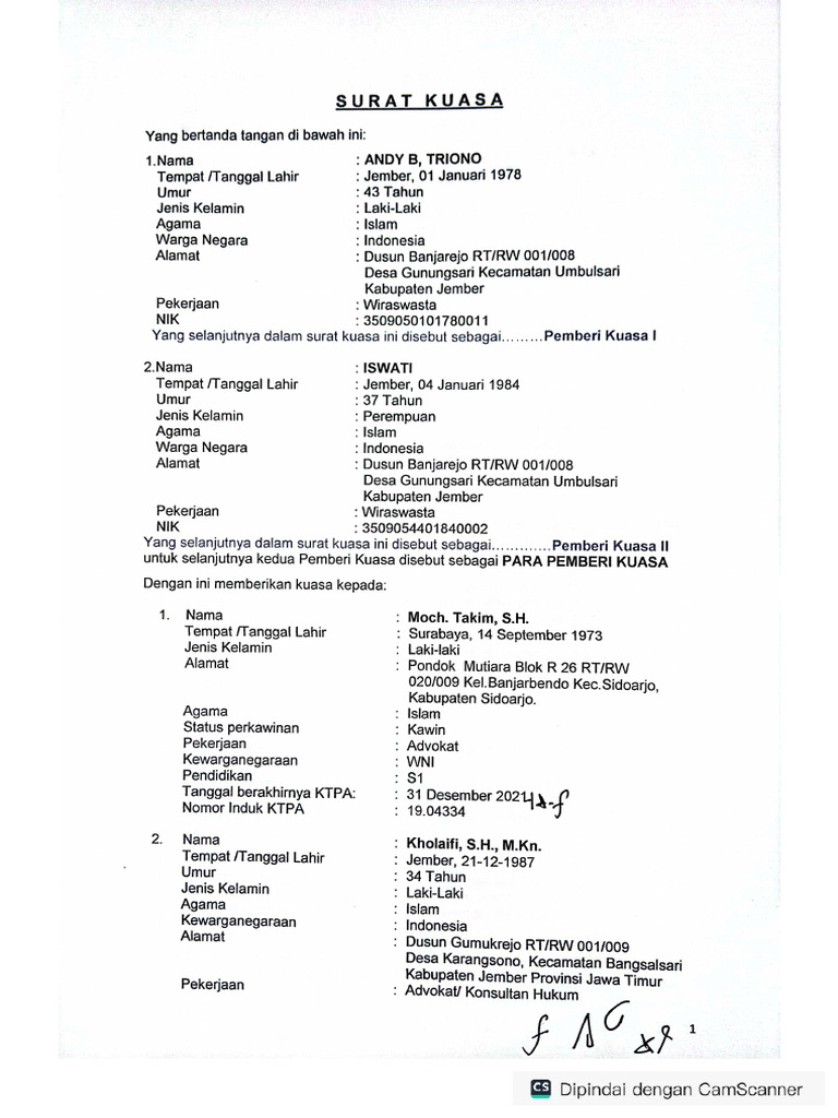Surat Kuasa Andy B Rriono Dan Iswati | PDF