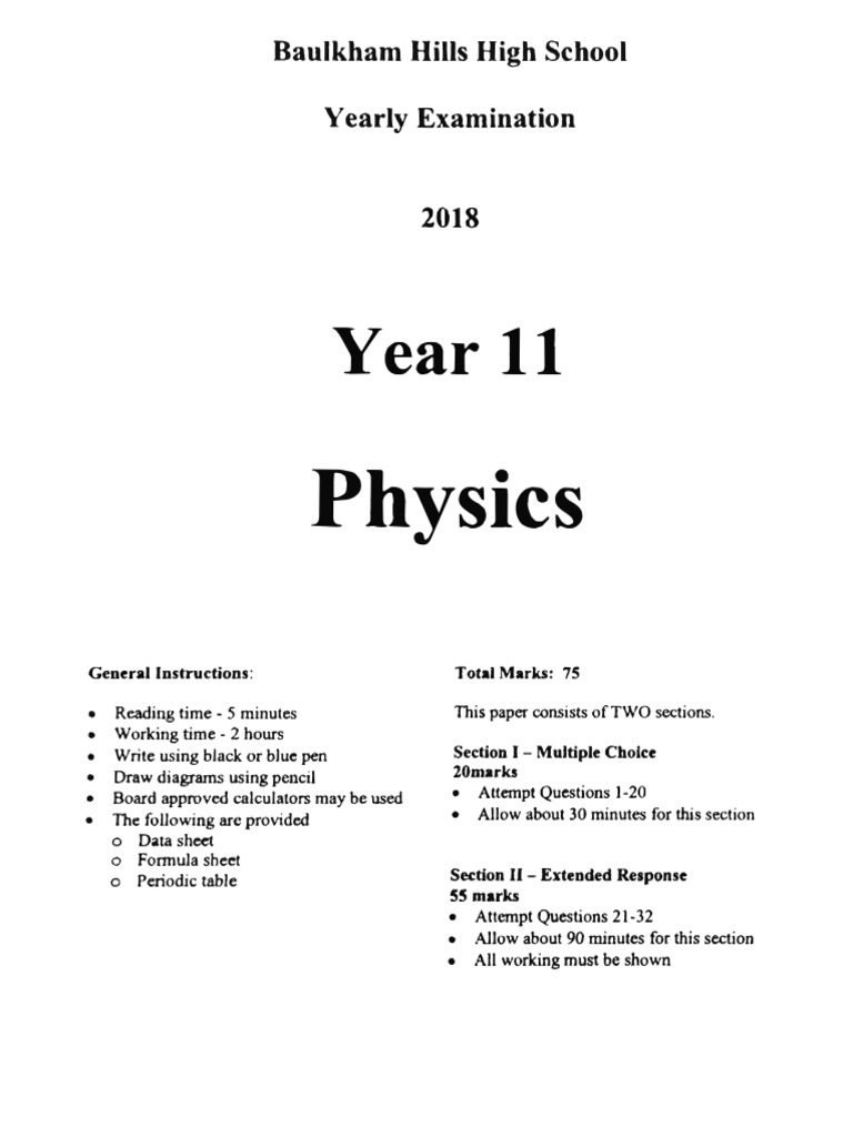 Baulkham Hills 2018 Physics Prelim Yearly & Solutions | PDF