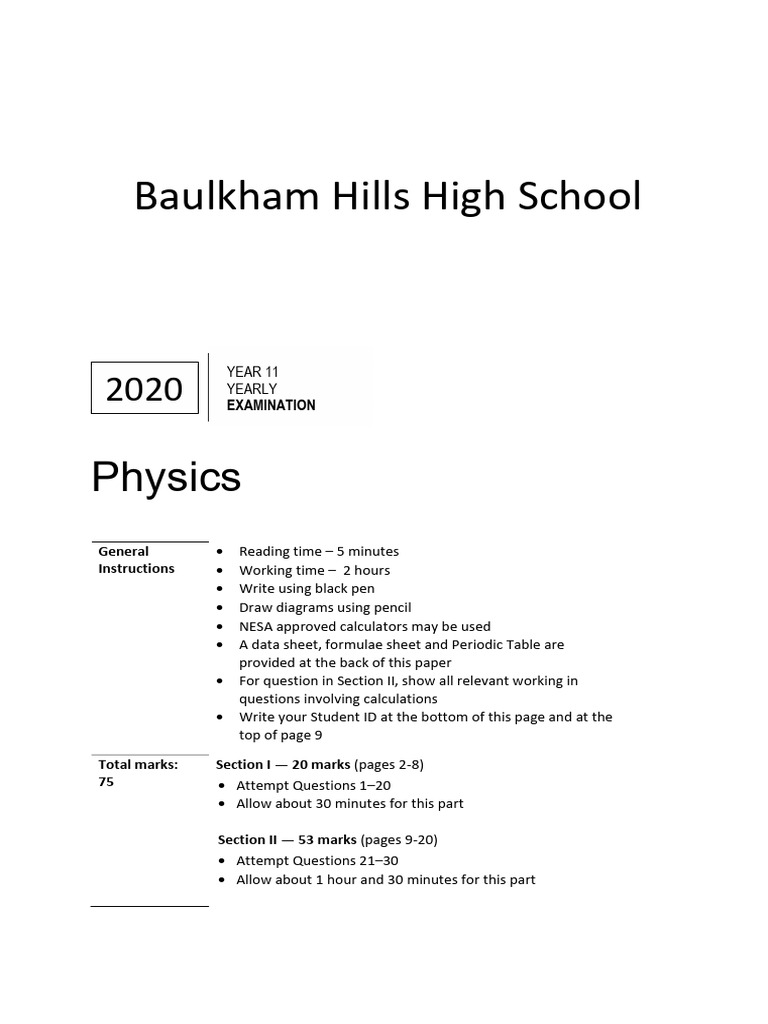 Baulkham Hills 2020 Physics Prelim Yearly & Solutions | PDF | Force | Heat