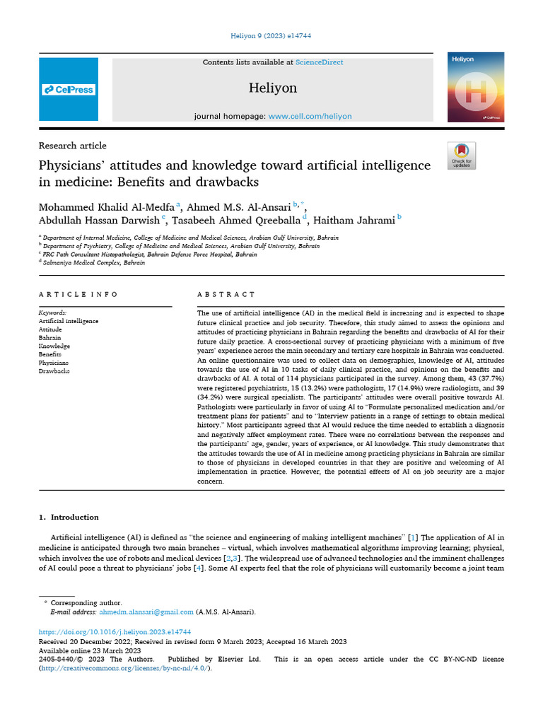 Physicians' Attitudes and Knowledge Toward Artificial Intelligence in Medicine: Benefits and ...