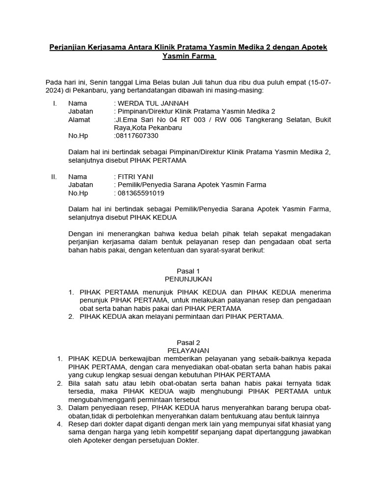 Perjanjian Kerjasama Antara Klinik Pratama Yasmin Medika 2 Dengan