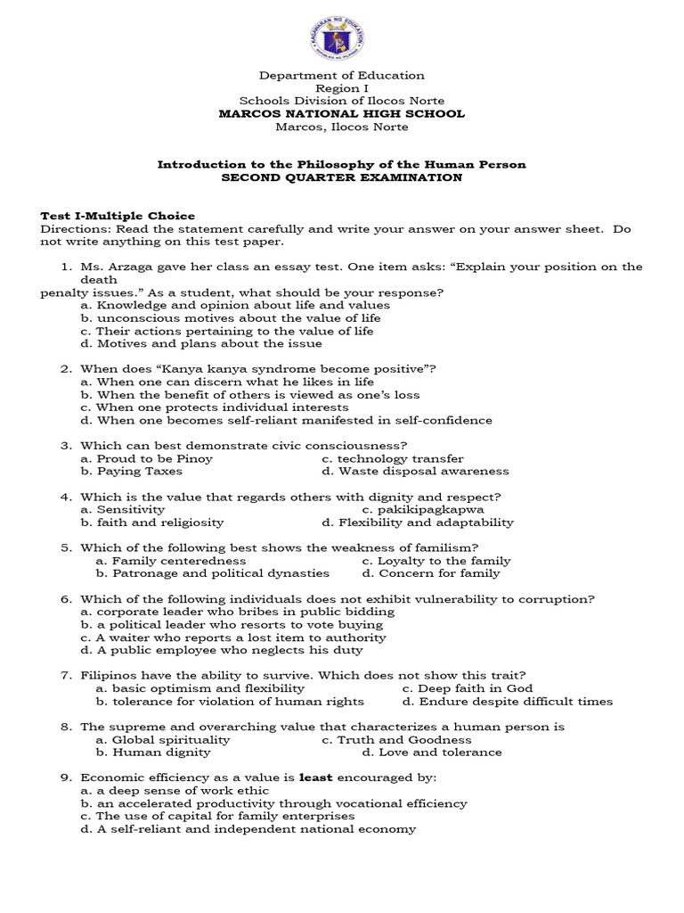 Second Quarter Examination Philo Pdf