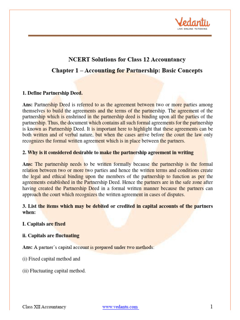 NCERT Solutions For Class 12 Accountancy Chapter 1 - FREE PDF Download ...