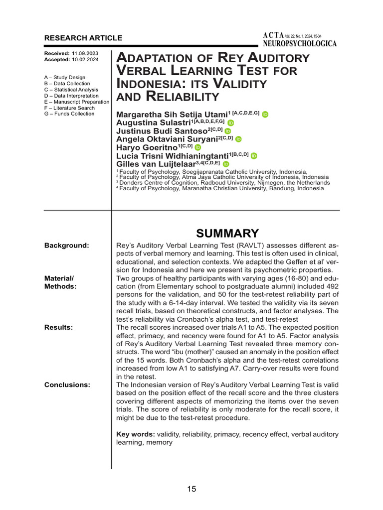 Adaptation of Rey Auditory Verbal L | PDF | Recall (Memory) | Cognition