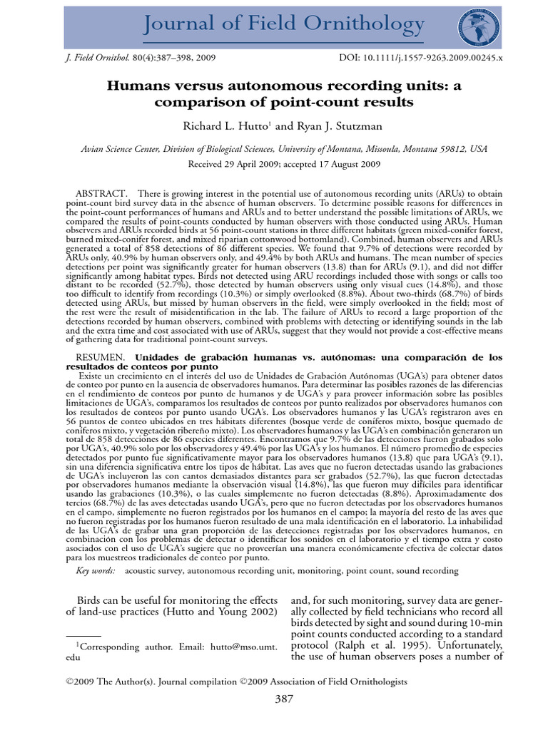 Humans Versus Autonomous Recording Units - Hutto Stutzman 2009 | PDF ...