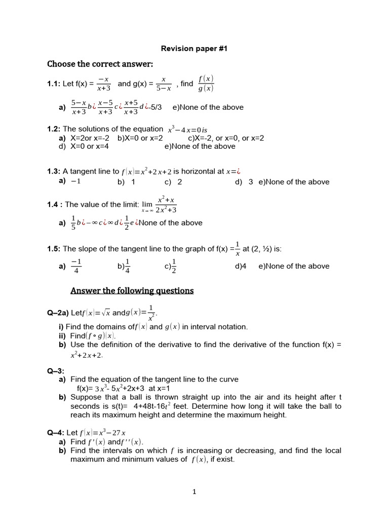 MTA Paper: Calculus Revision Questions | PDF | Tangent | Derivative