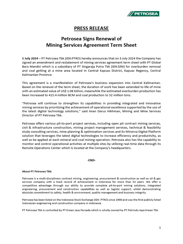 Press Release Petrosea Signs Renewal of Mining Services Agreement | PDF | Mining | Economies