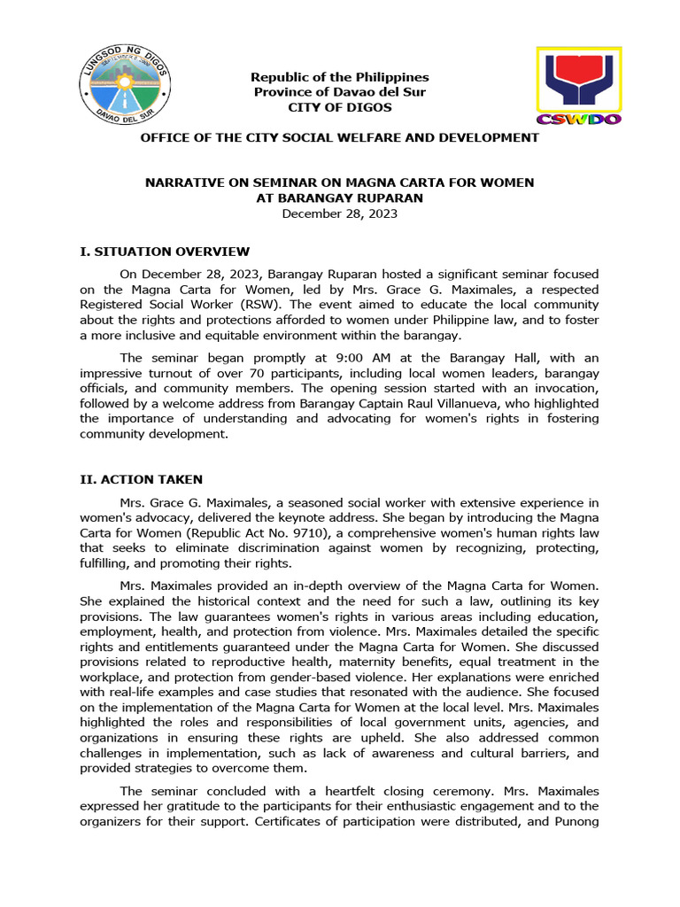 Magna Carta For Women Narrative | PDF | Women's Rights | Discrimination & Race Relations