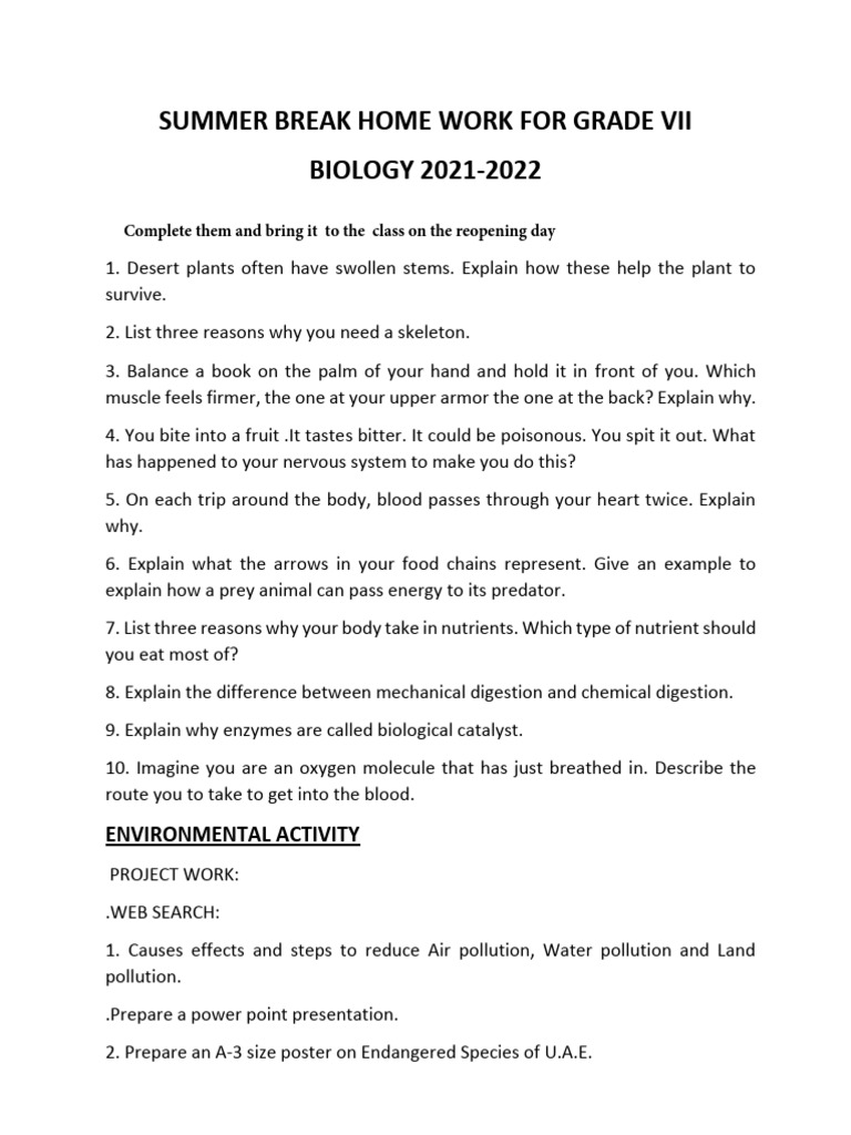 4.summer Break Home Work For Grade Vii Biology 2021-2022 | PDF