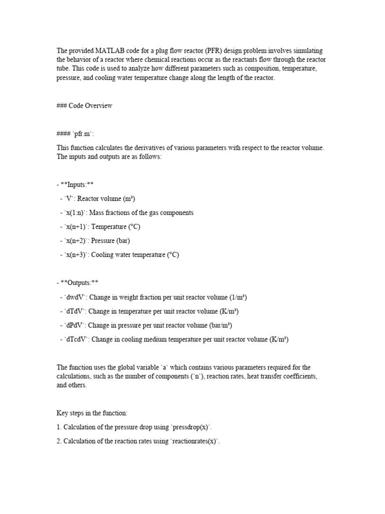 MATLAB Code for Plug Flow Reactor Analysis | PDF | Chemical Reactor ...